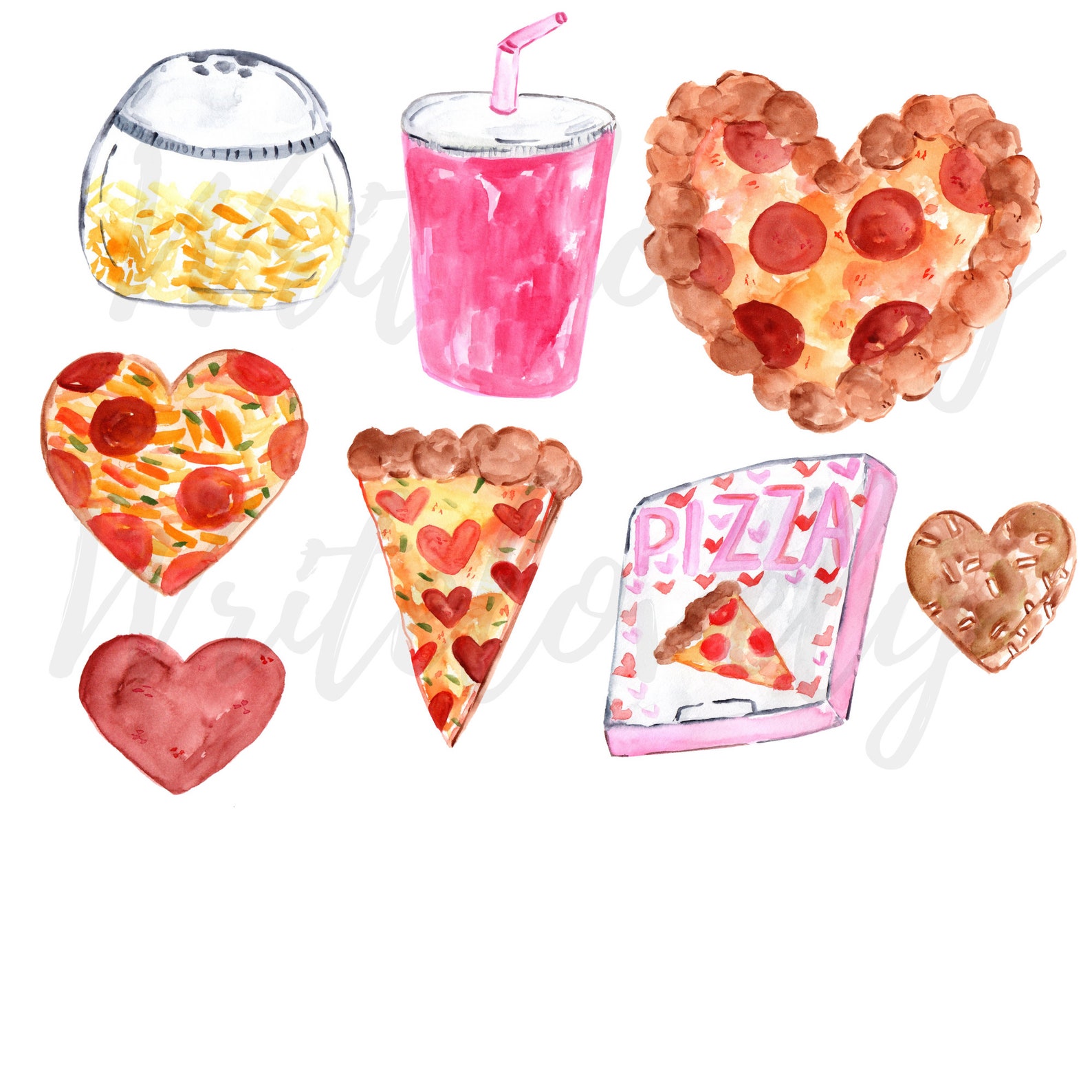 Watercolor Valentines Clipart Pizza Clipart Food Graphics - Etsy