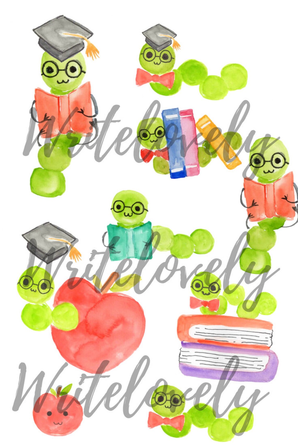 Back to School Clipart Watercolor Kawaii Bookworm Prek - Etsy