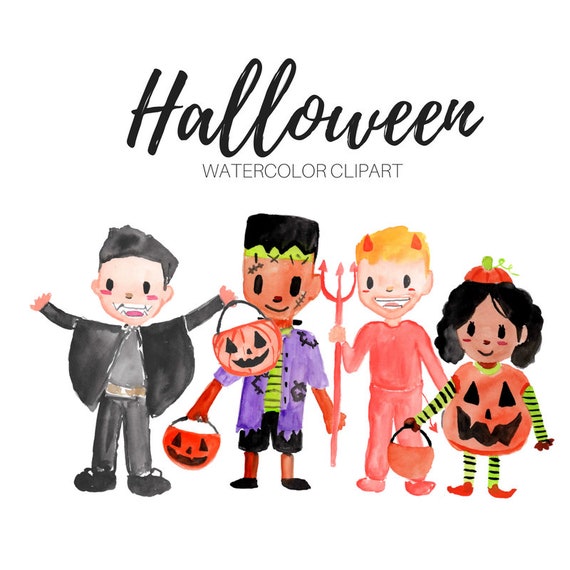 Halloween Kids Clipart Spooky Watercolor Clipart Halloween - Etsy