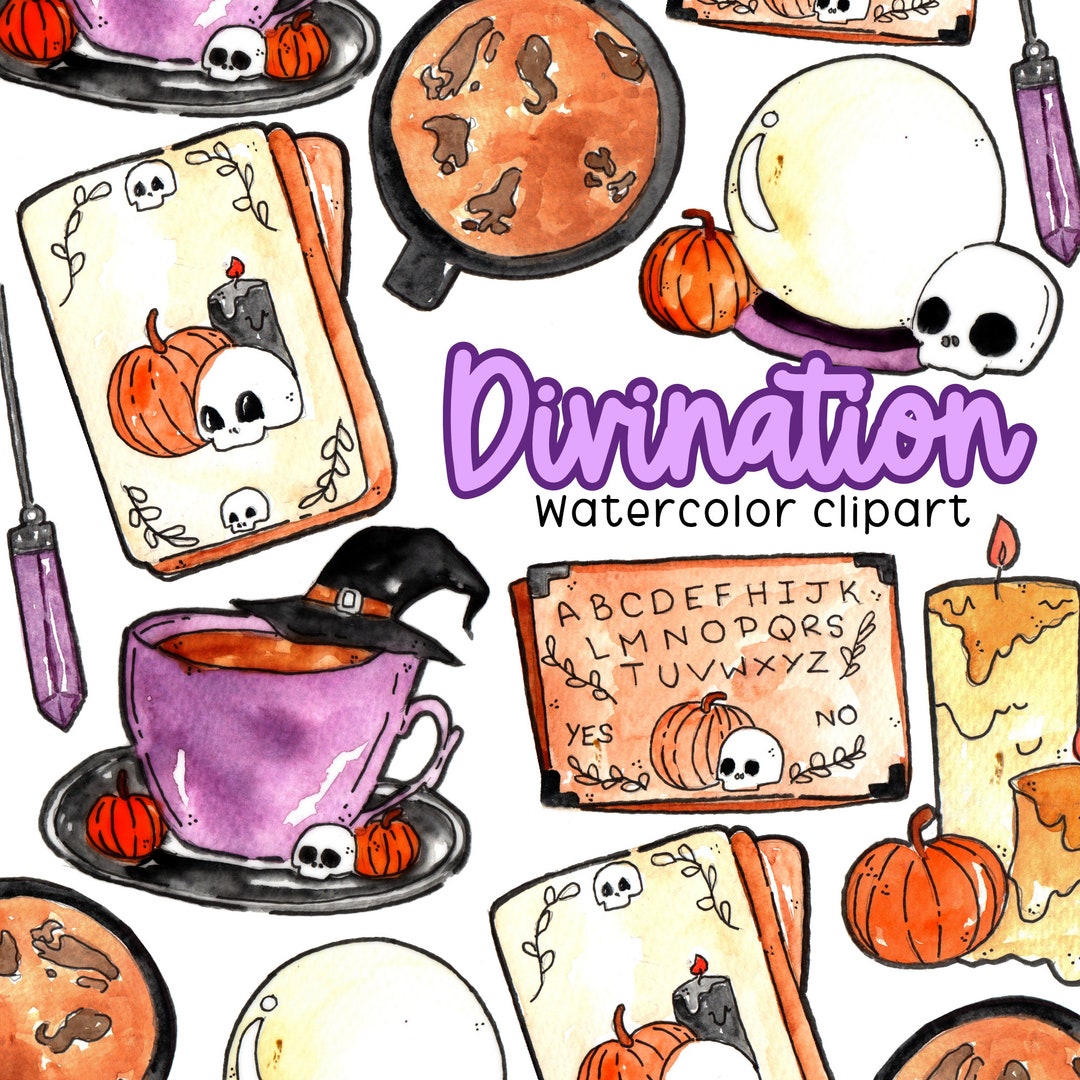Watercolor Halloween Divination Clipart, Spooky Tarot Illustration in ...