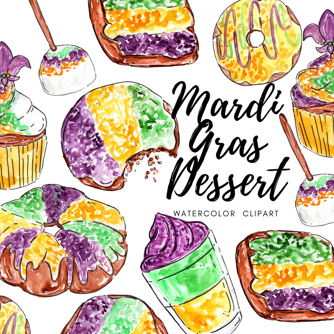 Watercolor Mardi Gras Clipart of Desserts Food Pasterie - Etsy