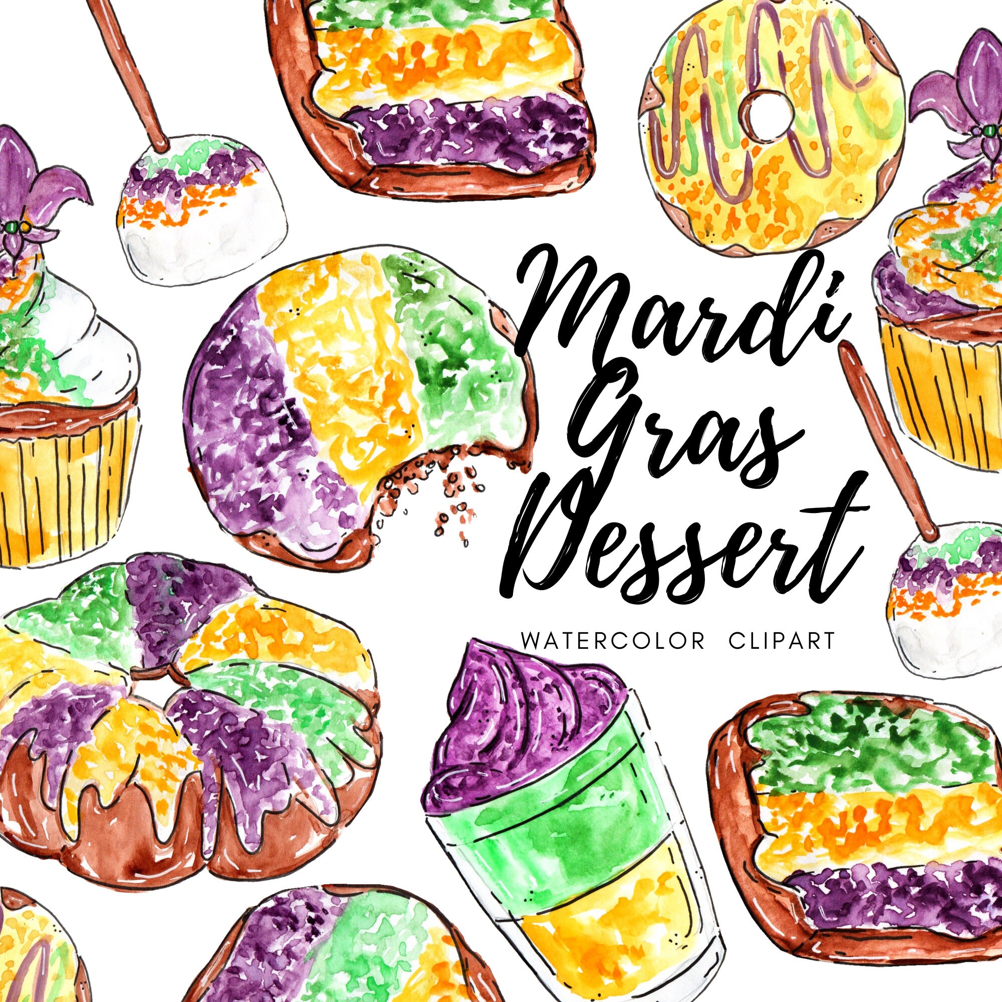 Watercolor Mardi Gras Clipart of Desserts Food Pasterie - Etsy