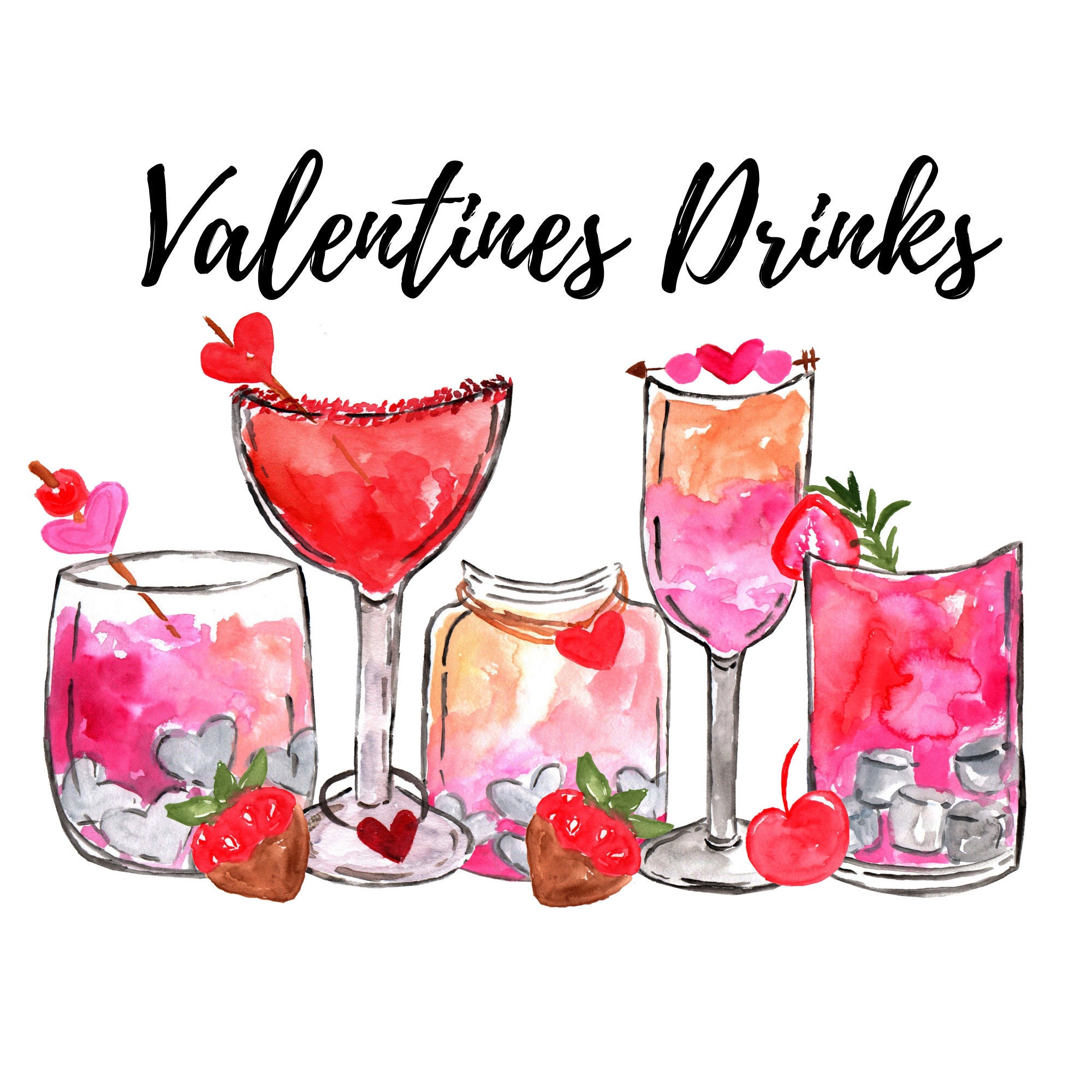 Watercolor Valentines Clipart Cocktail Drinks Beverage - Etsy