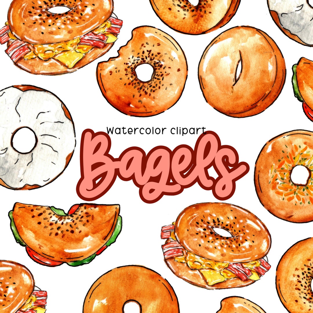 Watercolor Clipart, Bagels, Cheese Begal, Cream Cheese, Bread,food ...