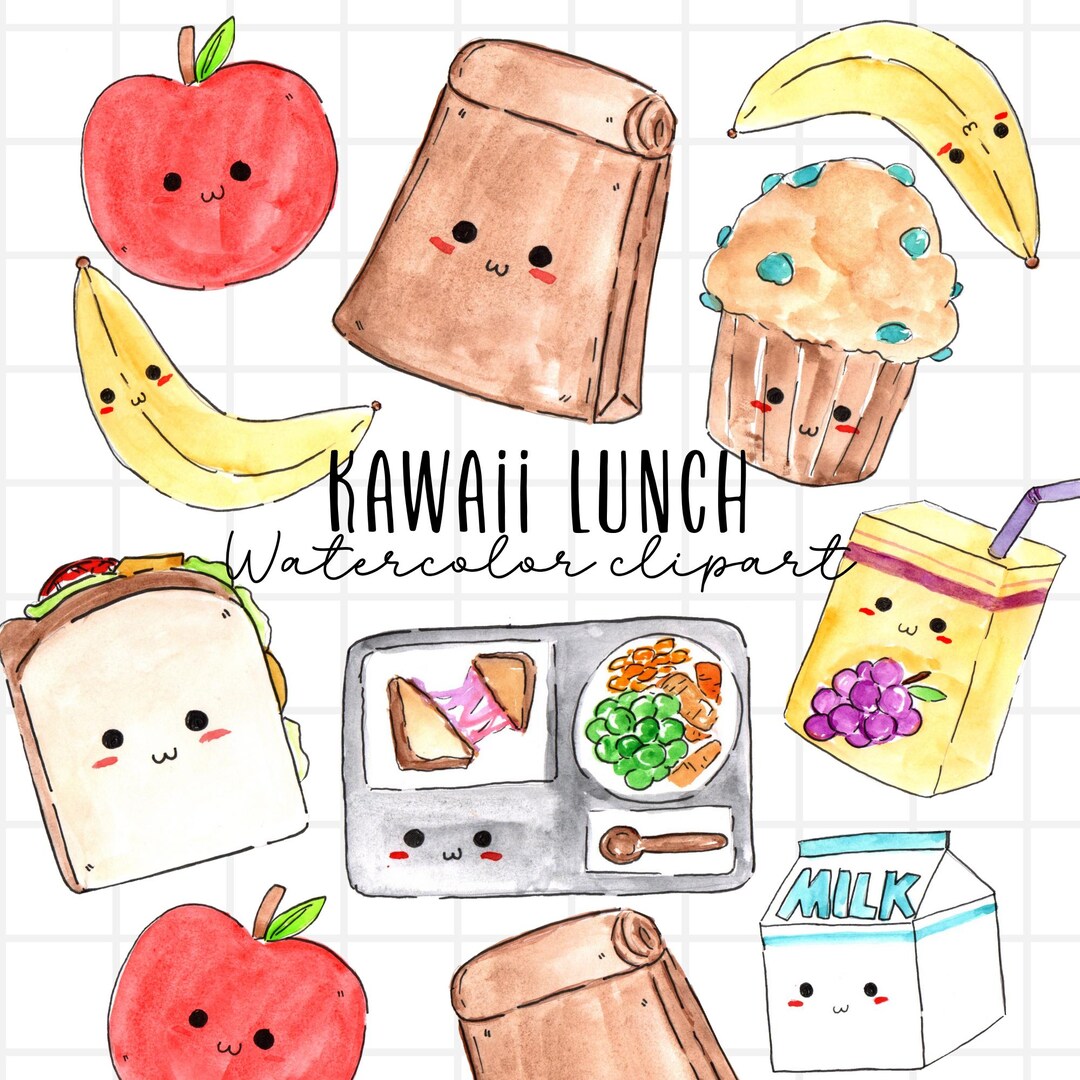 Watercolor Kawaii Back to School Lunch Clipart, Food Illustrations in ...