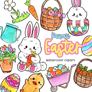 Kawaii Easter Clipart - Watercolor, Easter Bunny, Eggs, Carrots, Egg ...