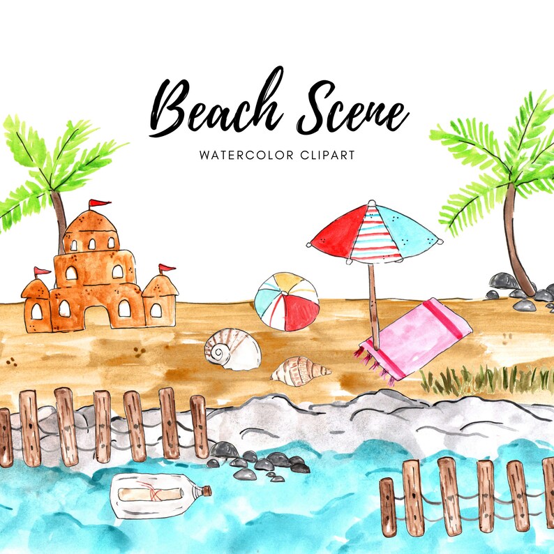 Watercolor Beach Clipart Summer Beach Scene Creator Clip Art - Etsy