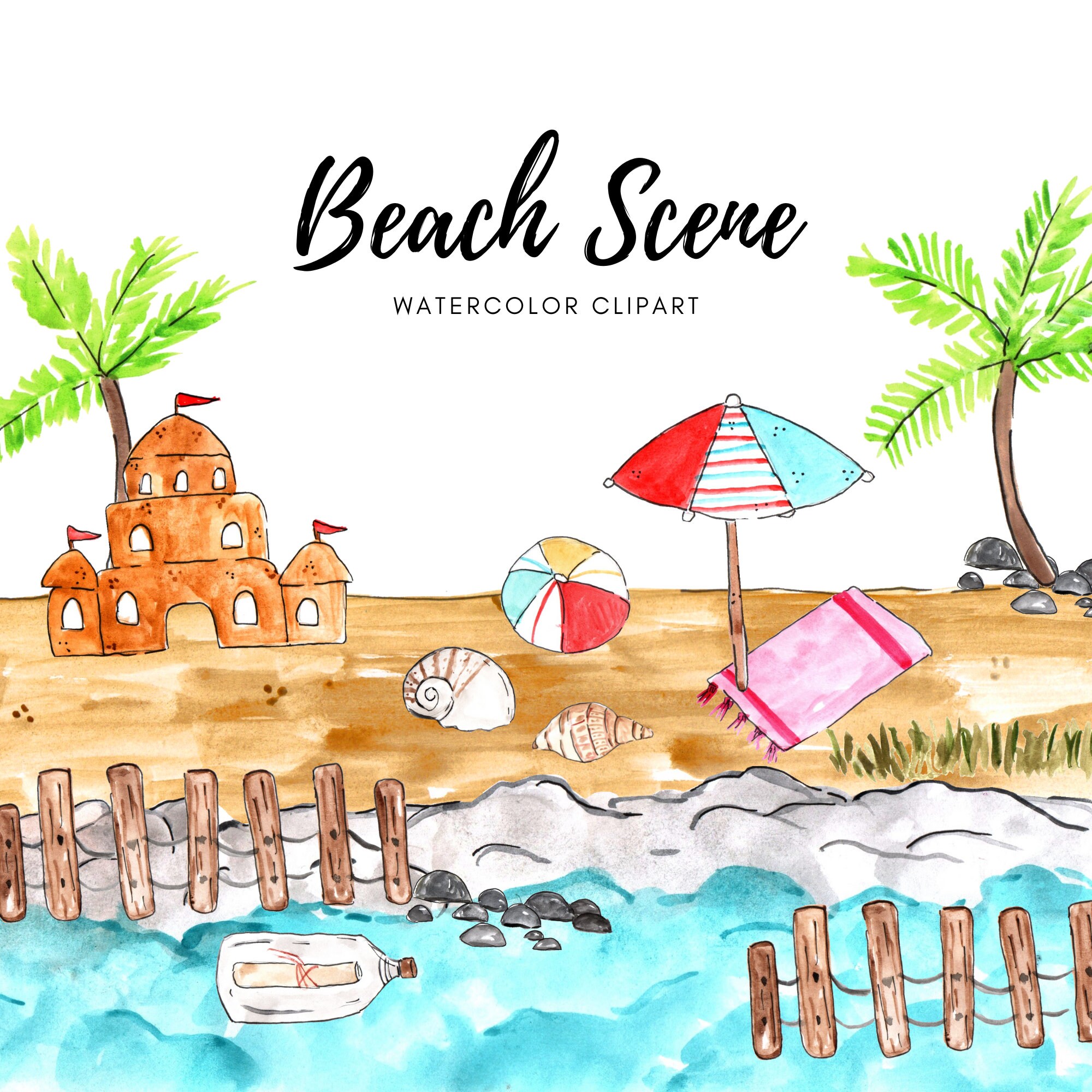 Watercolor Beach Clipart Summer Beach Scene Creator Clip Art - Etsy