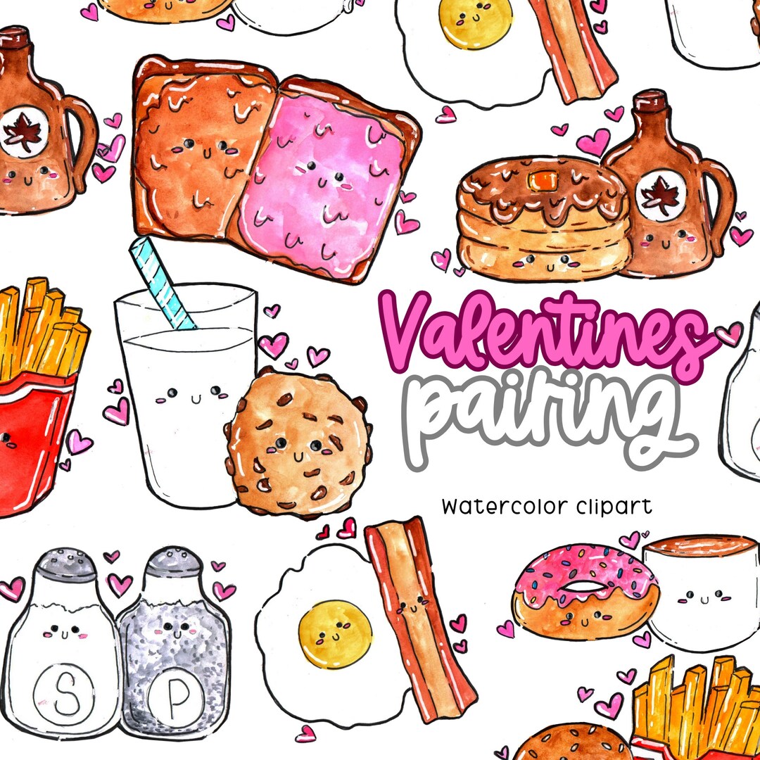 Watercolor Kawaii Valentines Day Food Pairing Clipart, Cartoon Graphics ...