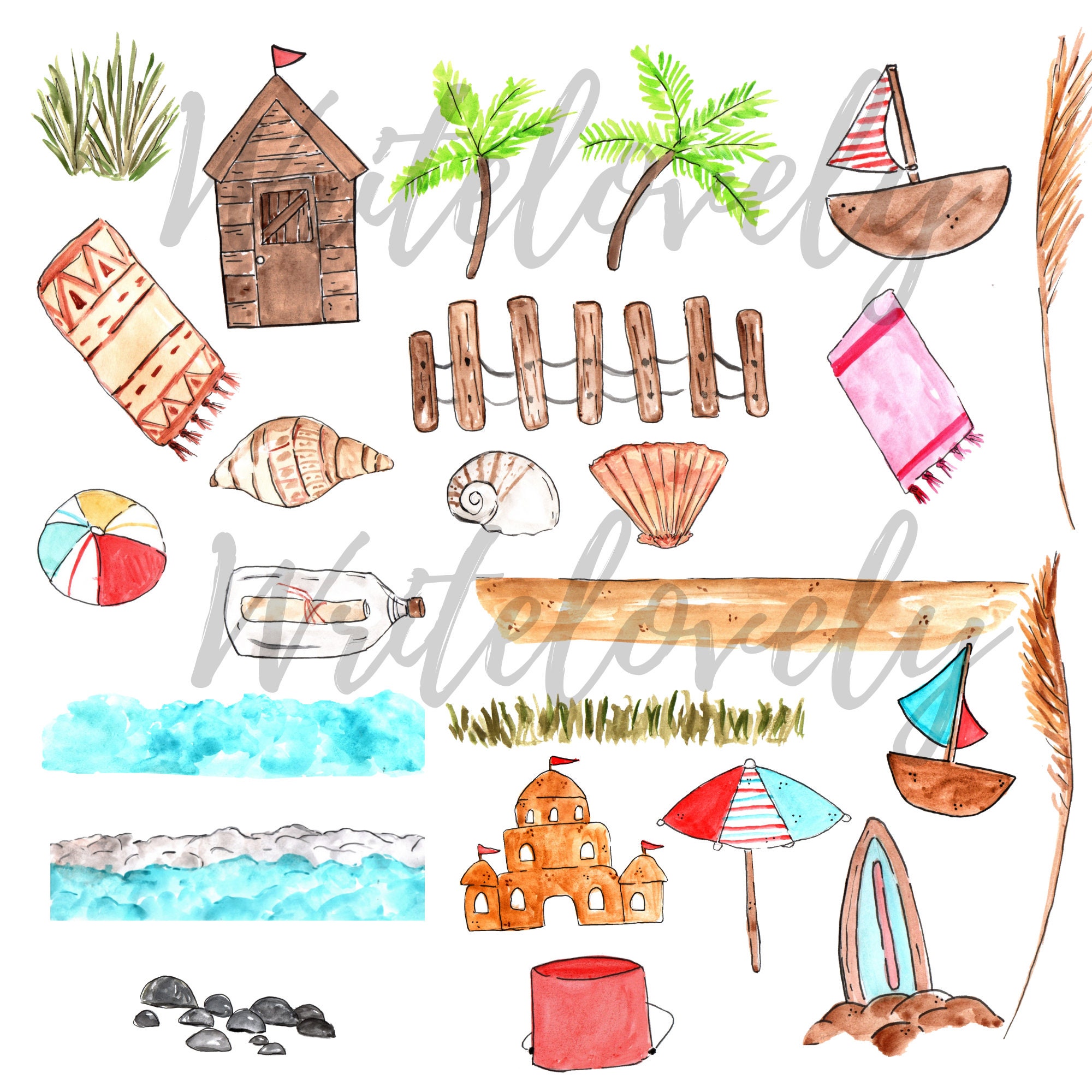 Watercolor Beach Clipart Summer Beach Scene Creator Clip Art - Etsy