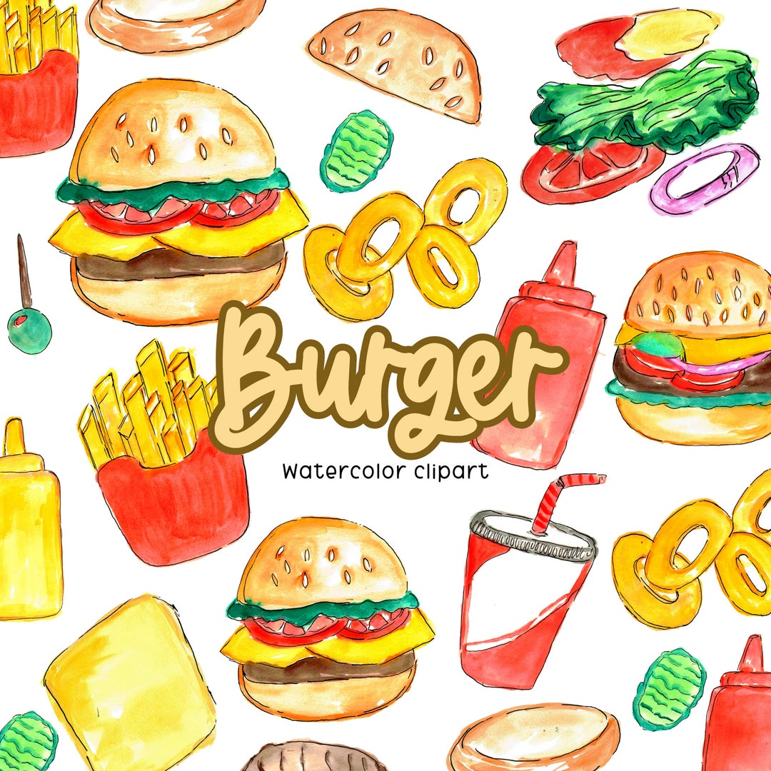 Burger Clip Art - Watercolor Clip Art - Hand Drawn - Food Clip Art Fast ...