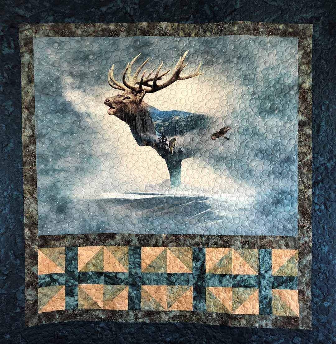 Elk in the Misty Mountains Quilt, Blue and Tan, Lap Size - Etsy