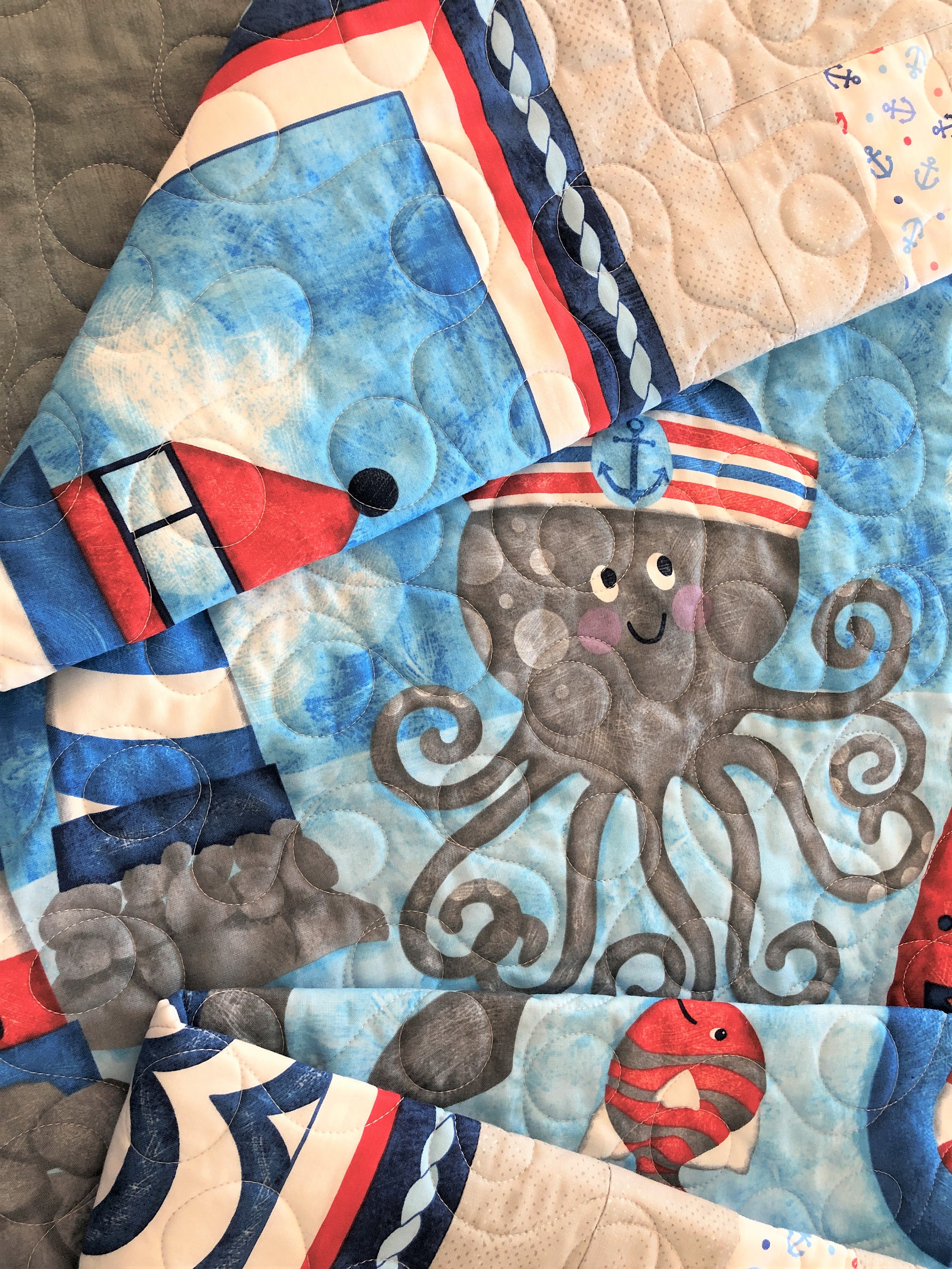 Ocean Quilt Harbor With Lighthouses Boats Octopus and | Etsy