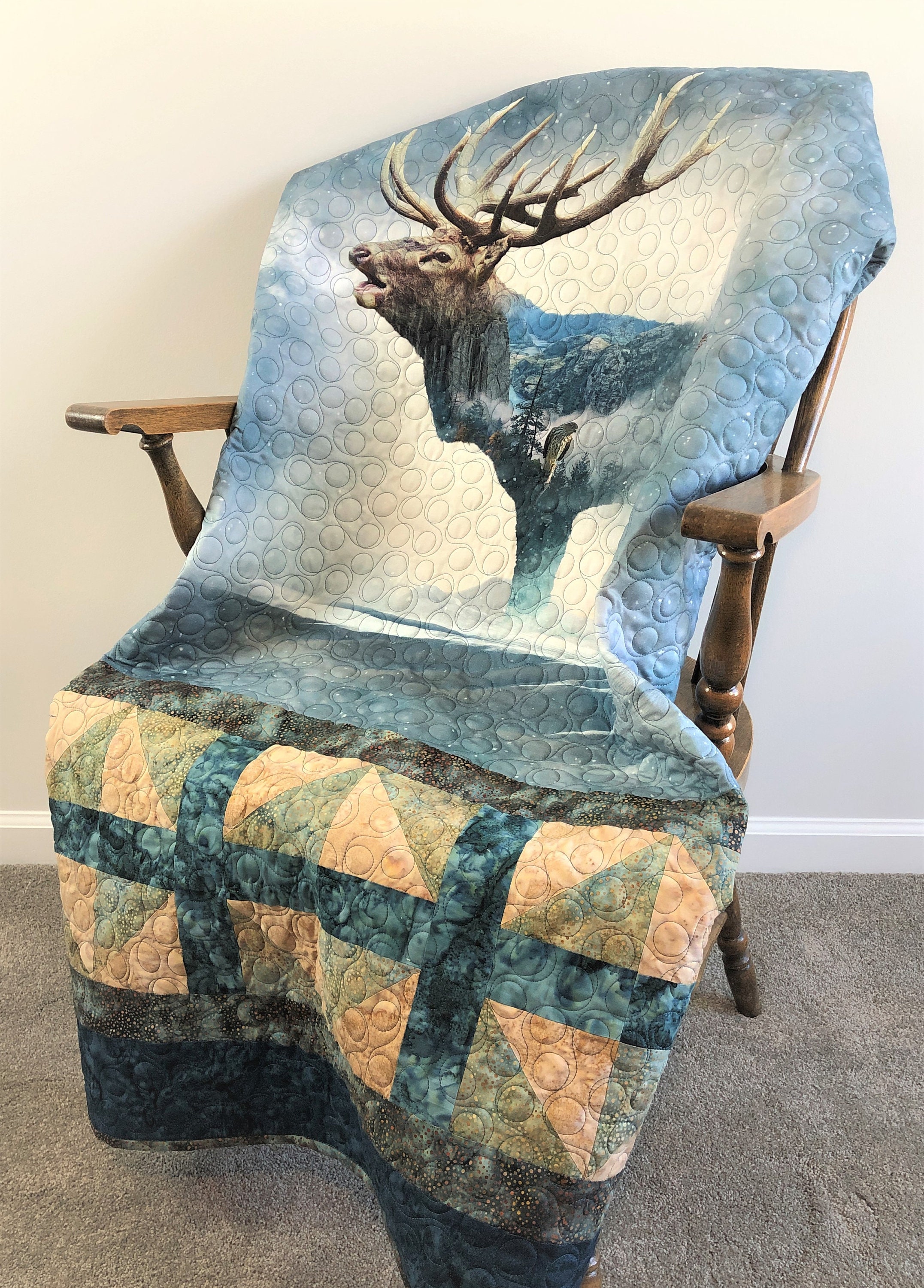 Elk in the Misty Mountains Quilt, Blue and Tan, Lap Size - Etsy