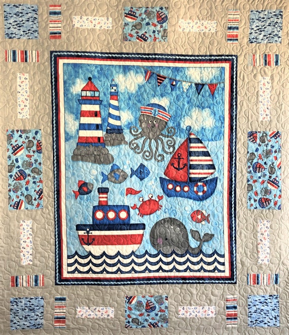 Ocean Quilt Harbor With Lighthouses Boats Octopus and | Etsy