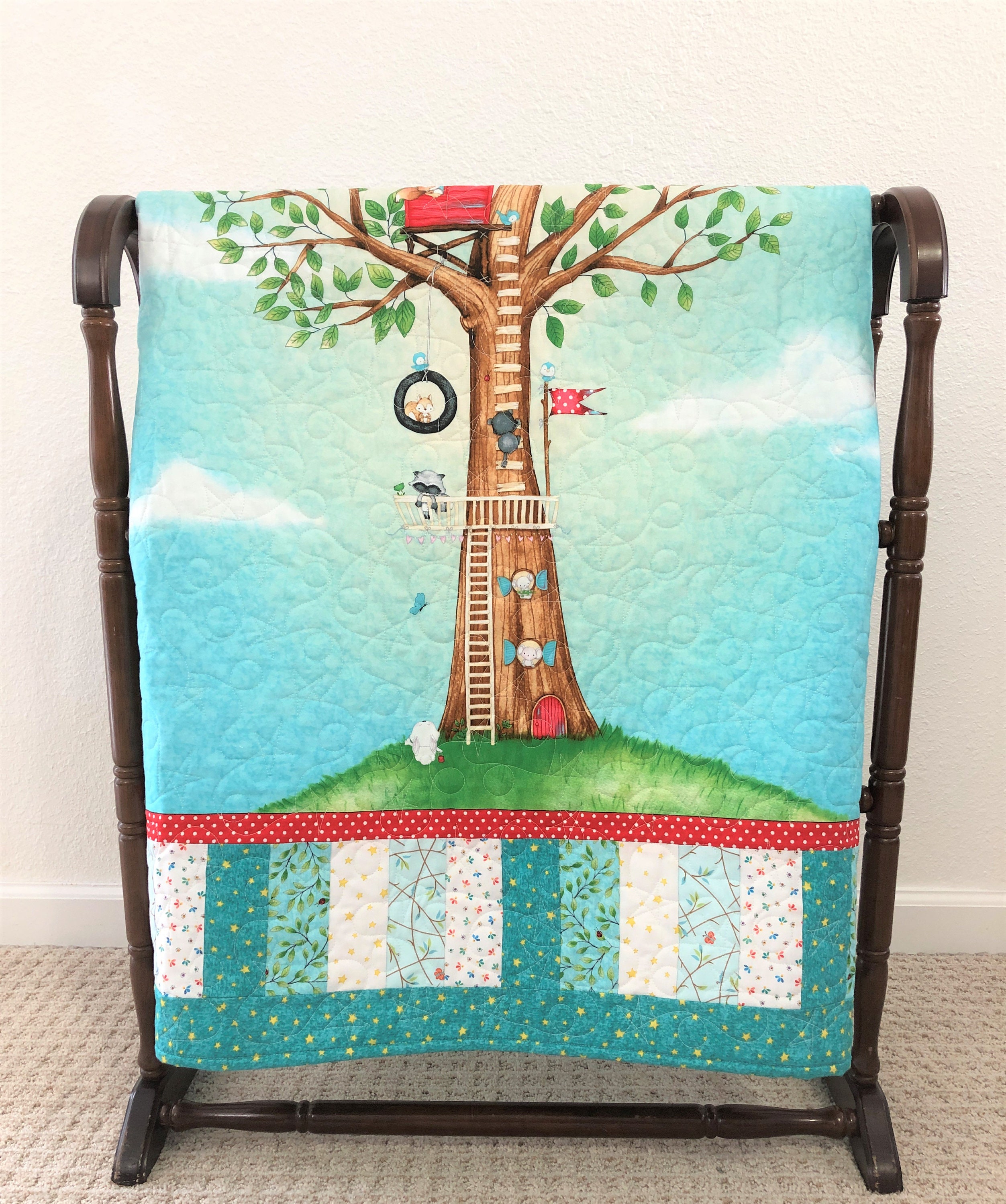 Tree House Woodland Animals Quilt: Handmade Cotton Baby Quilt (44x52 ...