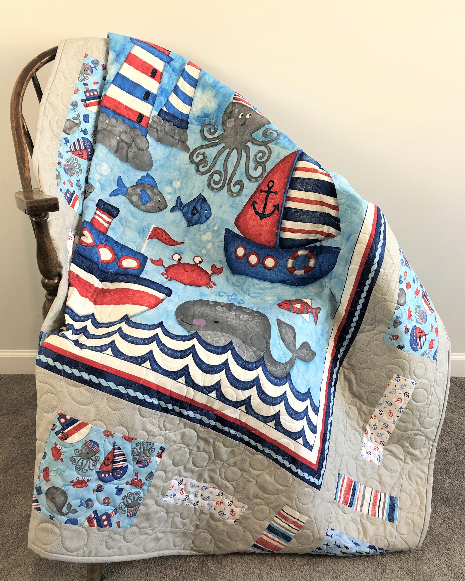 Ocean Quilt, Harbor With Lighthouses, Boats, Octopus, and Whale, Blue ...