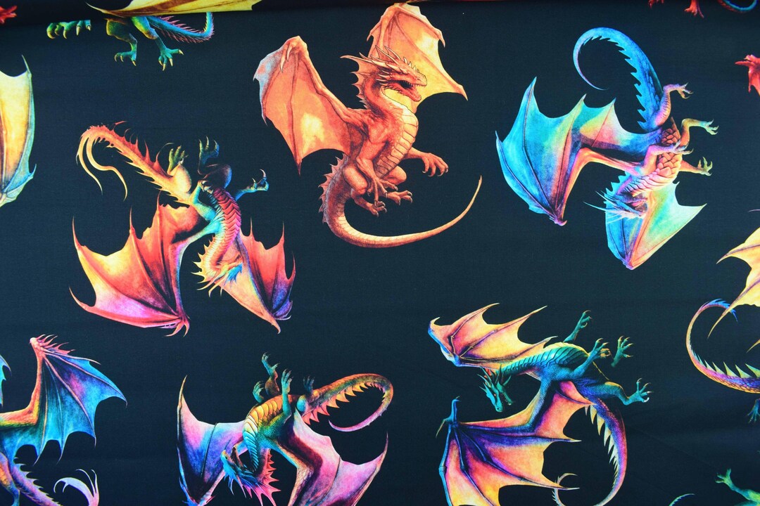 Dragon Quilting Fabric, Cotton, Multi-coloured Dragons - Price by the ...