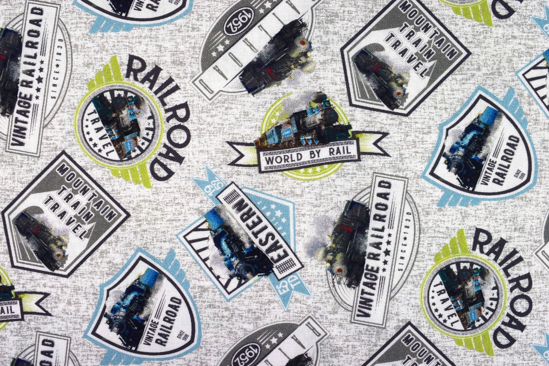 Railroad Fabric, Quilting Fabric, Cotton Fabric, Train Badges, Spring ...