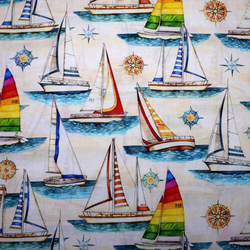 Sailboat Fabric Sailboats White on Navy by Mirabelleprint - Etsy