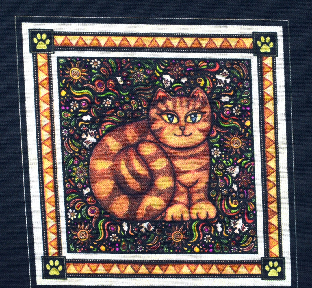 Cat Fabric Panel, Quilting Panel, Black Cat Picture Patch, Meow, Fabric ...