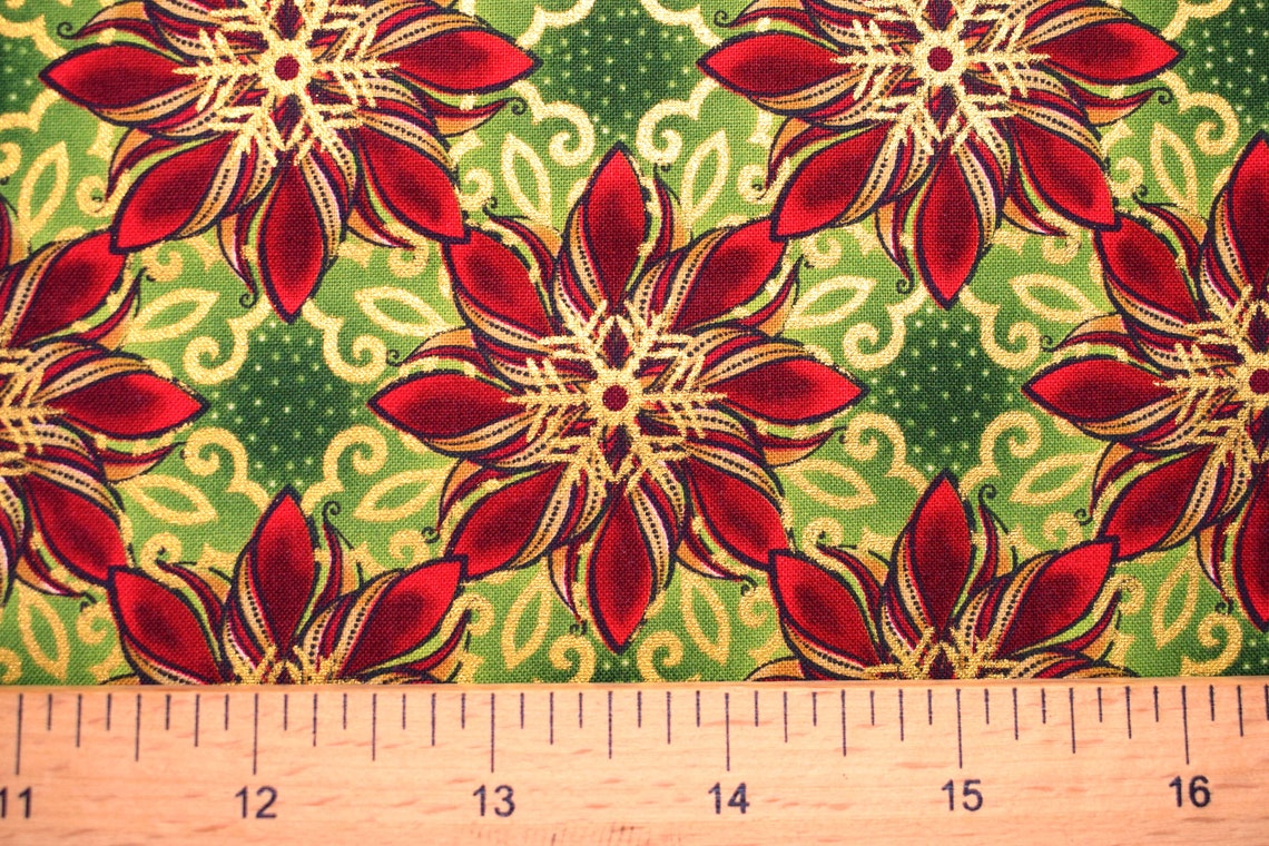 Green Poinsettia Fabric Quilting Fabric Jason Yenter - Etsy