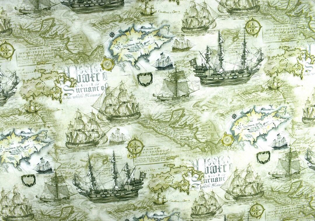 Treasure Map Fabric, Cotton Quilting Fabric, Antique Map Fabric Price ...