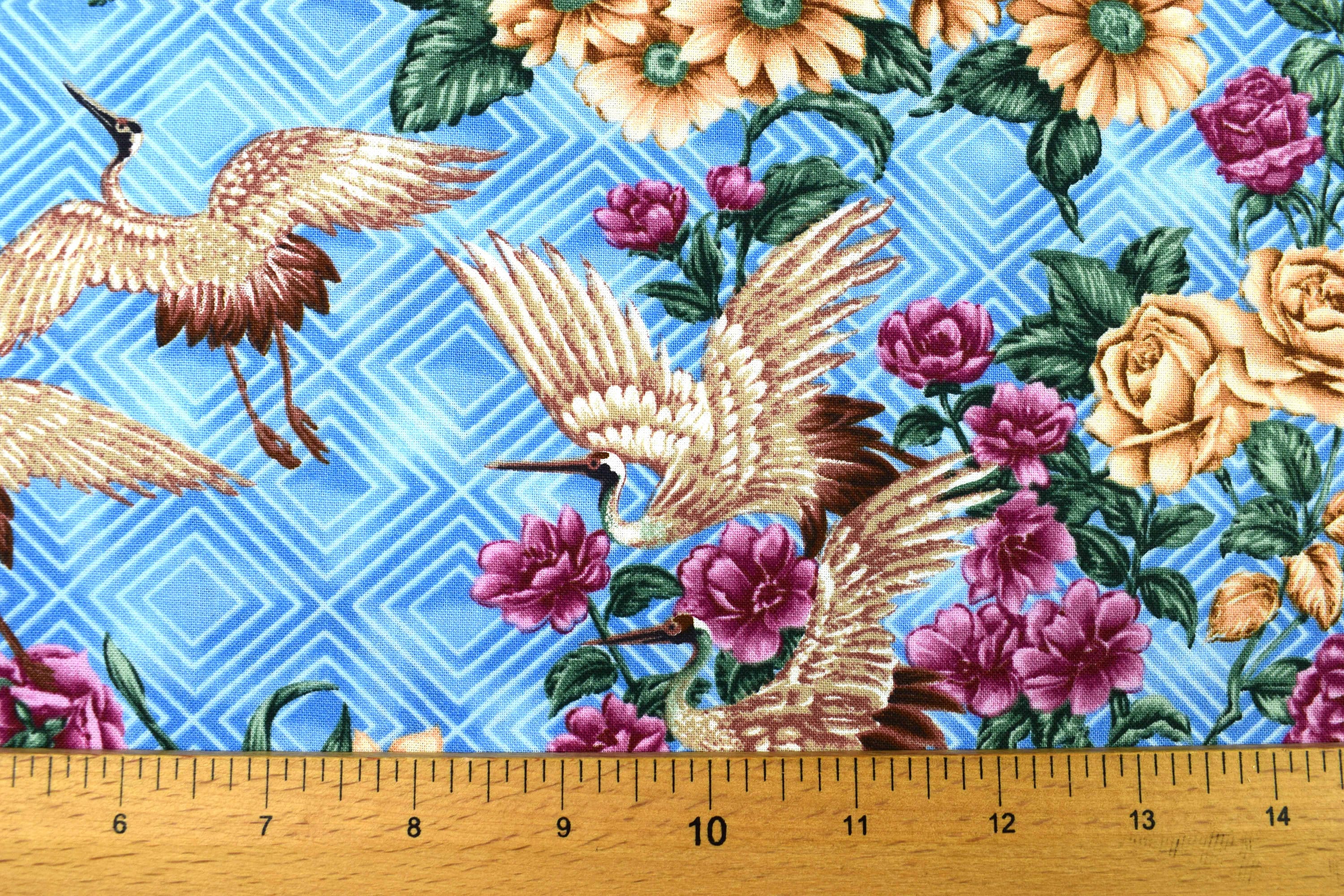 Blue Japanese Crane Fabric Oriental Cotton Quilting Fabric | Etsy