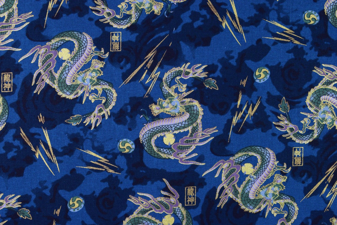 Japanese Lightning Dragon Fabric – Metallic Quilting Cotton, 58" Wide ...