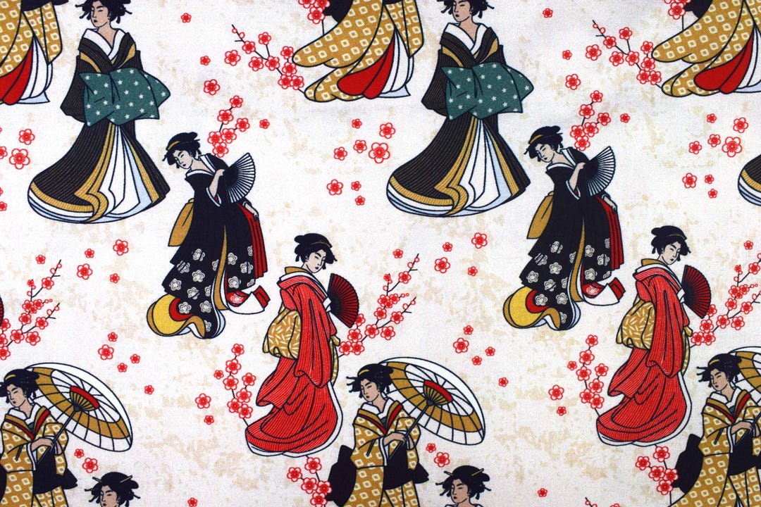 Cream Japanese Geisha Quilting Fabric, Cotton Fabric, Kimono and Koi ...
