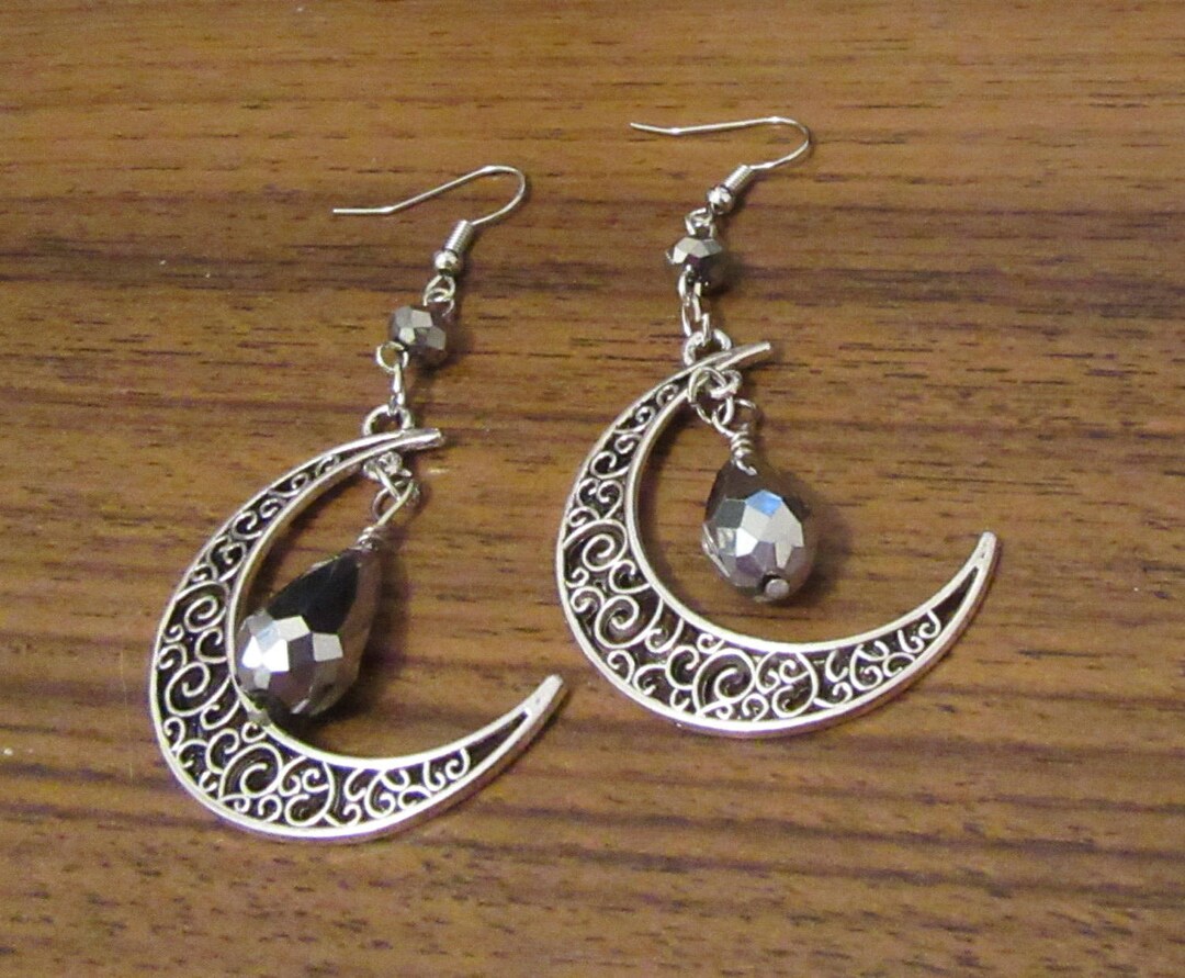 Earrings Dangle: Filigree Half Moon Pendant, Imperial Metallic Silver ...