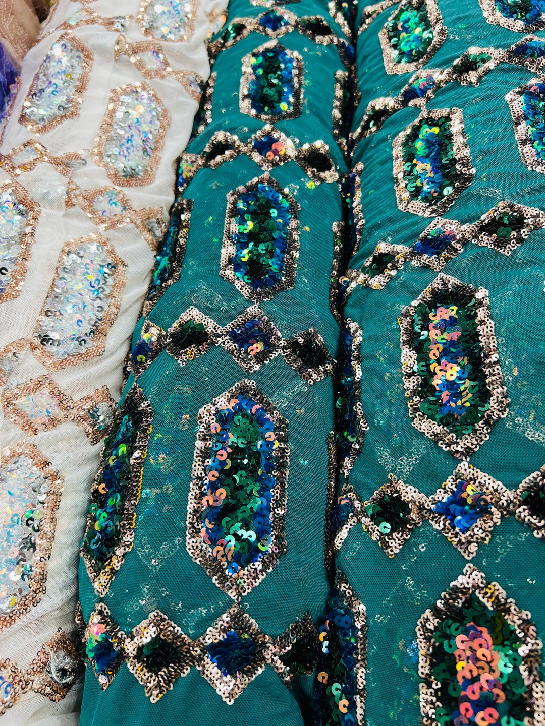Luxury Geometric Iridescent Sequins on Stretch Mesh 2-way 50/52” Sold ...