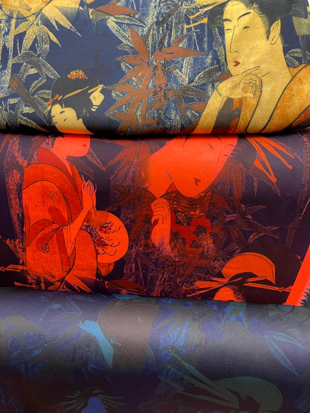 New Japanese Design Print on Poly Spandex Sapphire Multicolor 4-way ...