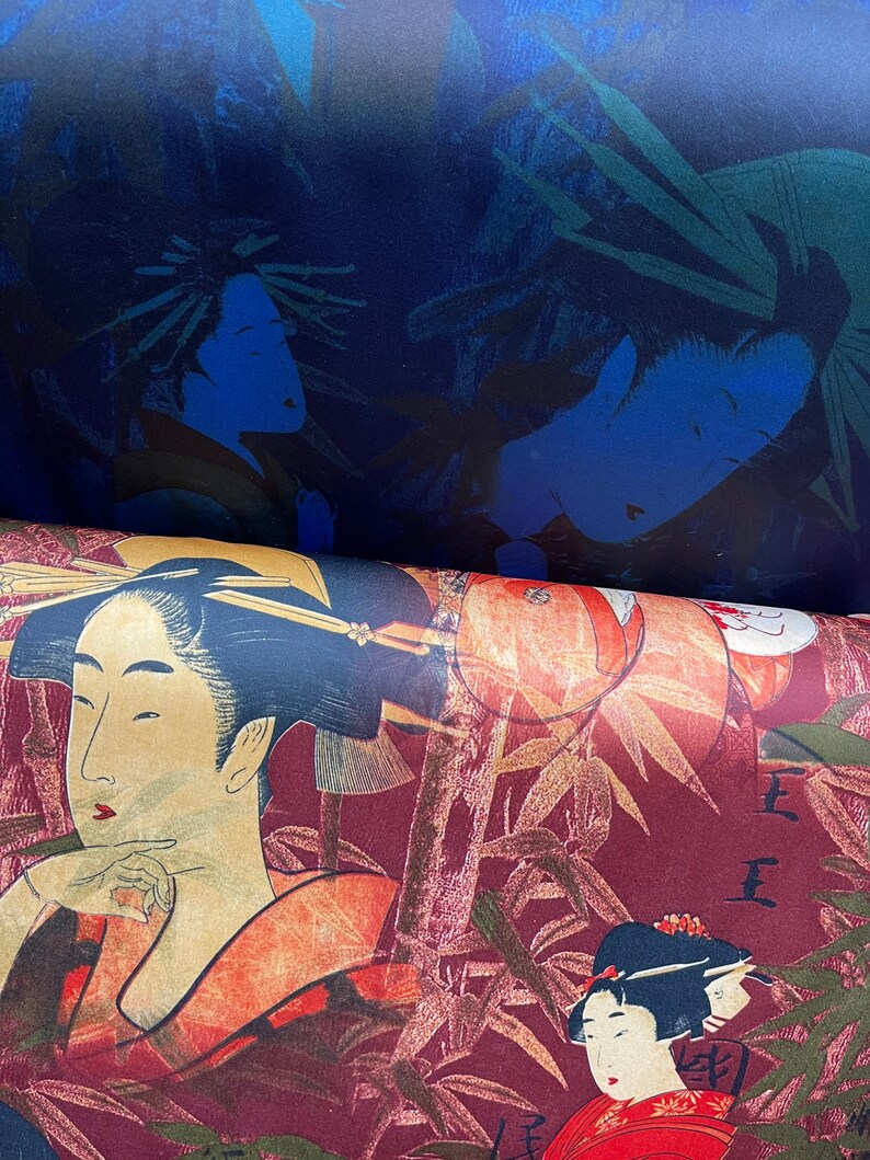 New Japanese Design Print on Poly Spandex Sapphire Multicolor 4-way ...