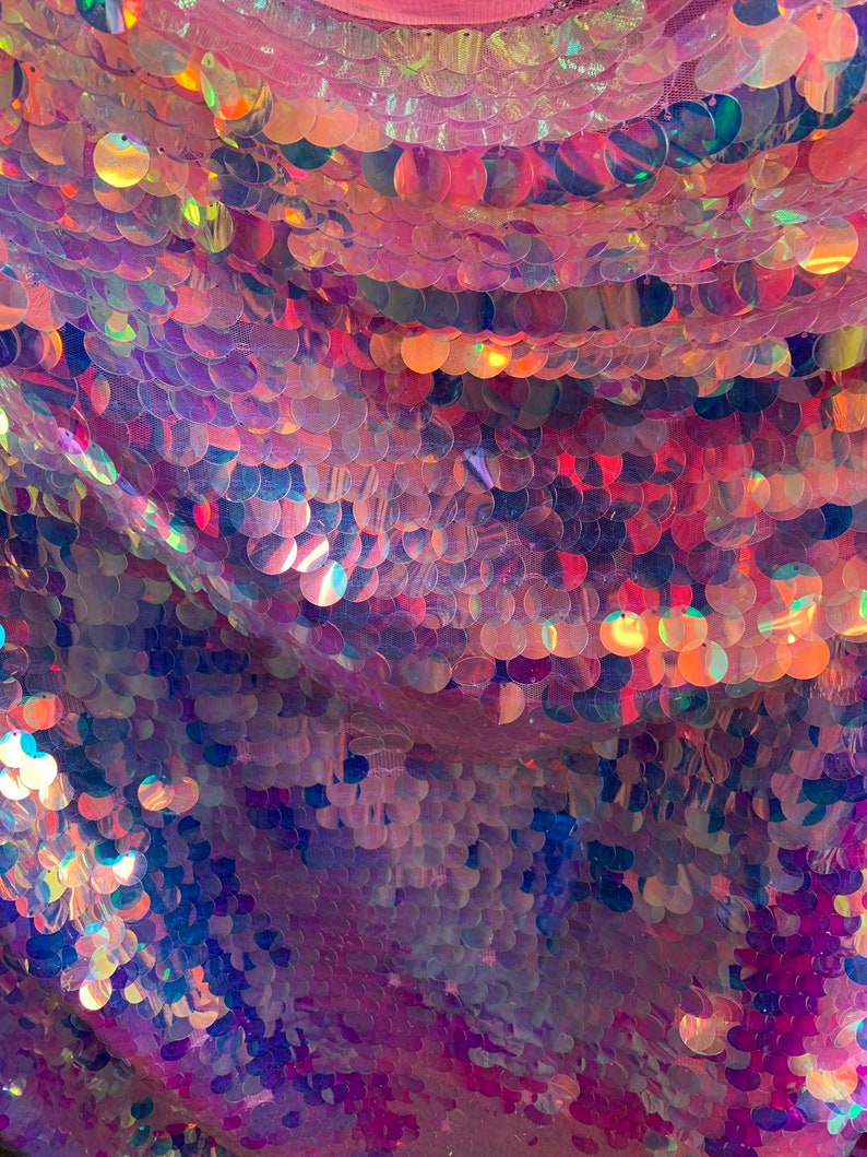 New Iridescent Pink Sequins Big Paillette Seq on Stretch Mesh 2-way 58/ ...