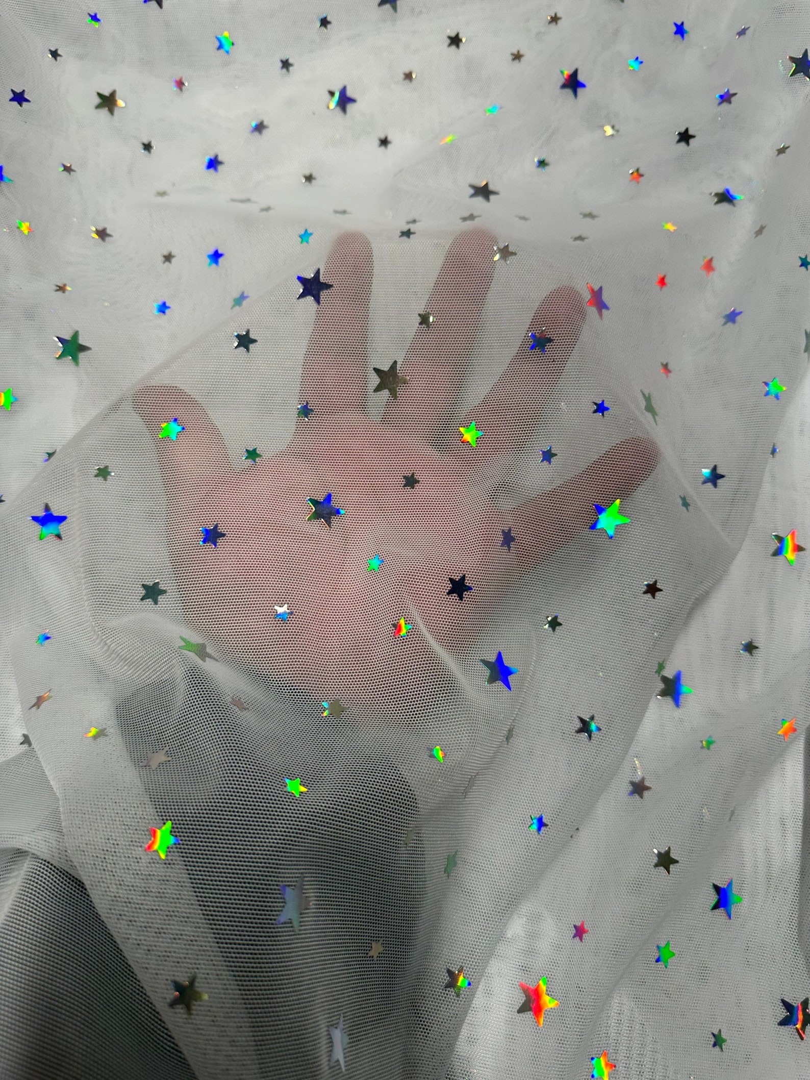 Celestial Design Hologram Stars Sequins on Power Mesh Nylon Spandex 4-way Stretch 58/60” Sold by ...