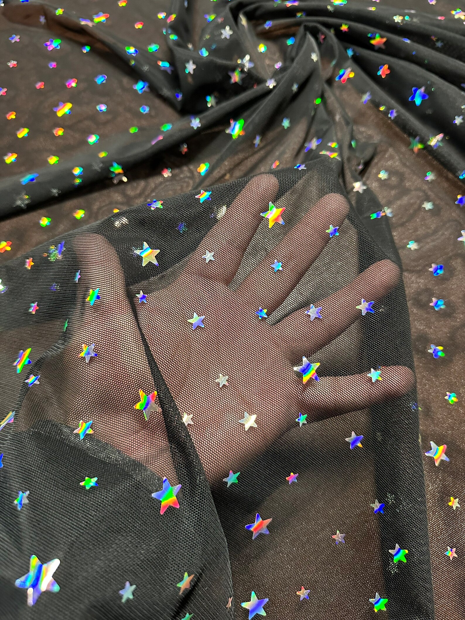 Celestial Design Hologram Stars Sequins on Power Mesh Nylon Spandex 4-way Stretch 58/60” Sold by ...