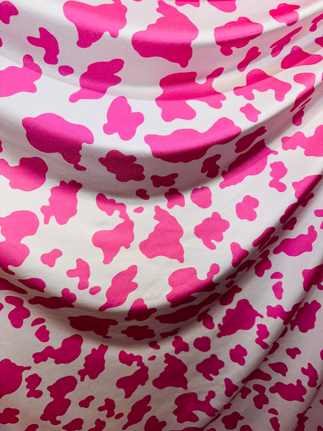 Cow Design on Shiny Nylon Spandex 4-way Stretch Pink/white 58/60” High ...