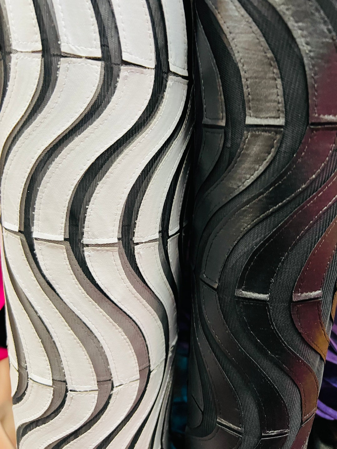 Wavy Design Leather Looking Embroidered on Stretch Mesh 2-way Stretch ...