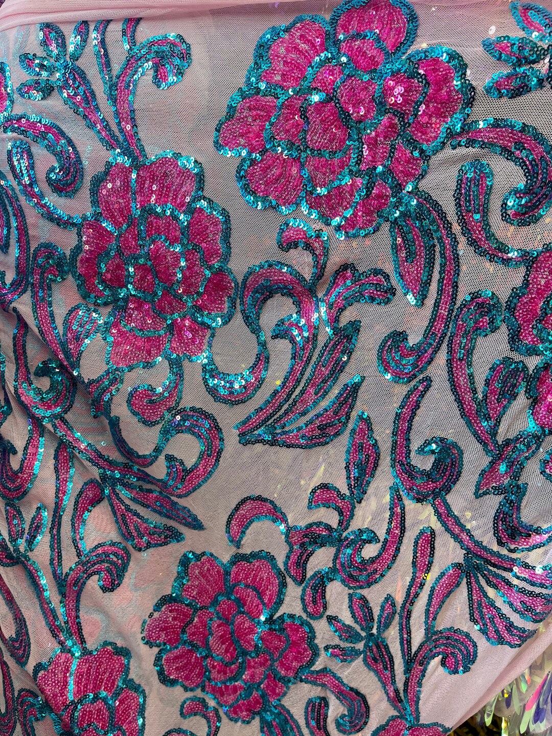 New Rose Design Shiny Sequins Embroidered on Stretch Mesh 2-way Stretch ...