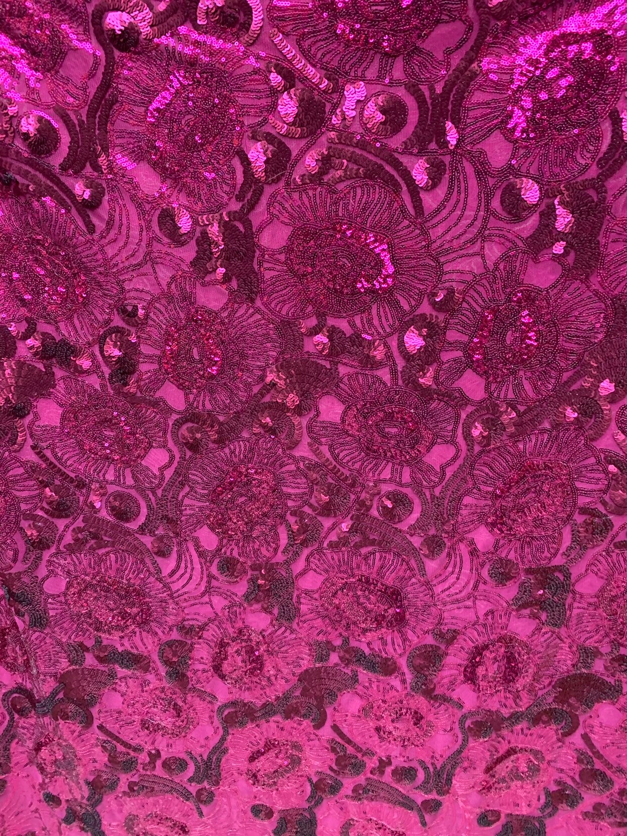 New Flower Design Magenta Color Multi Sequins on Stretch Mesh 2way 55/ ...