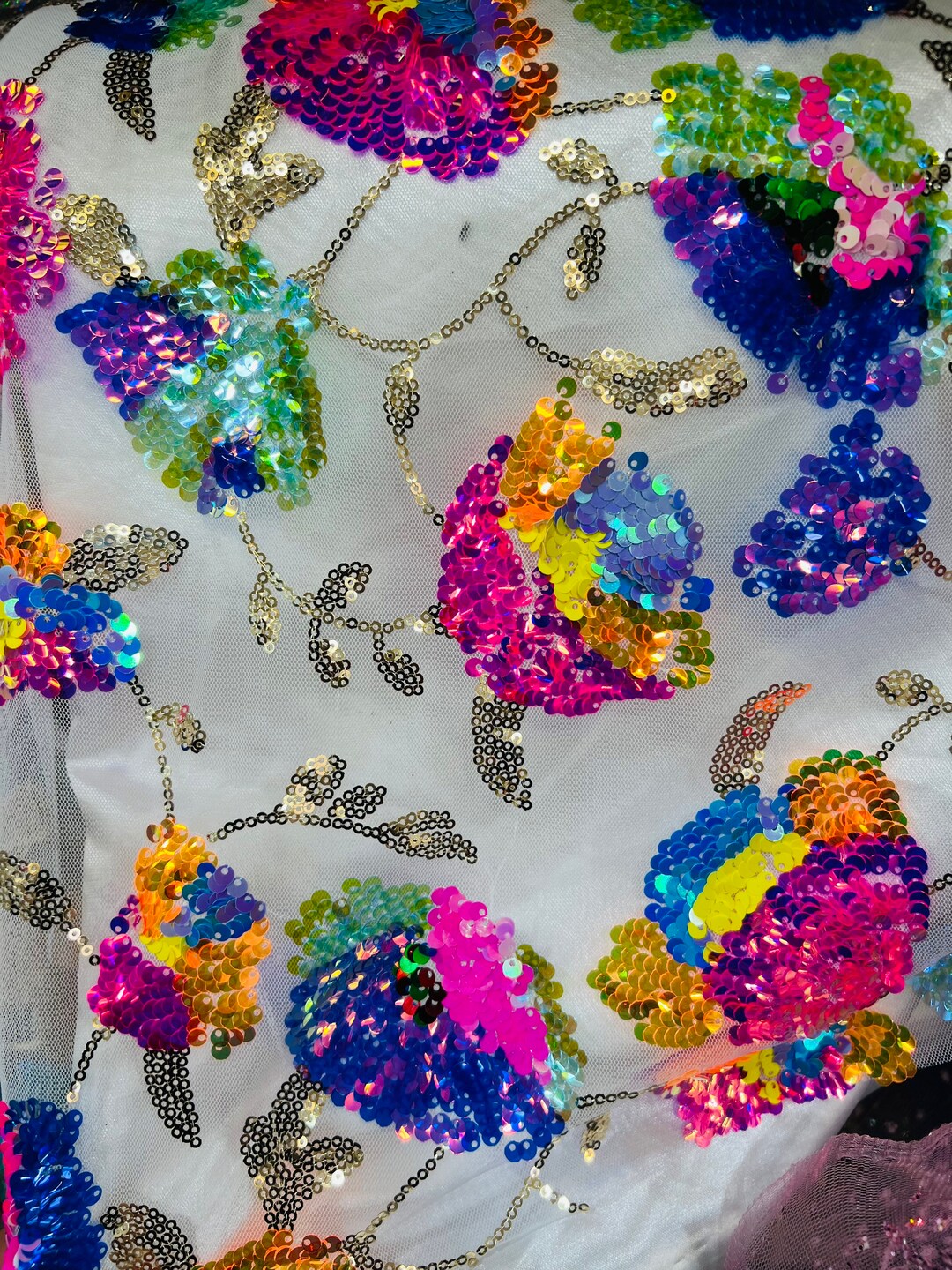 New Flower Design Embroidered Sequins With Neon Colors on Stretch Mesh ...