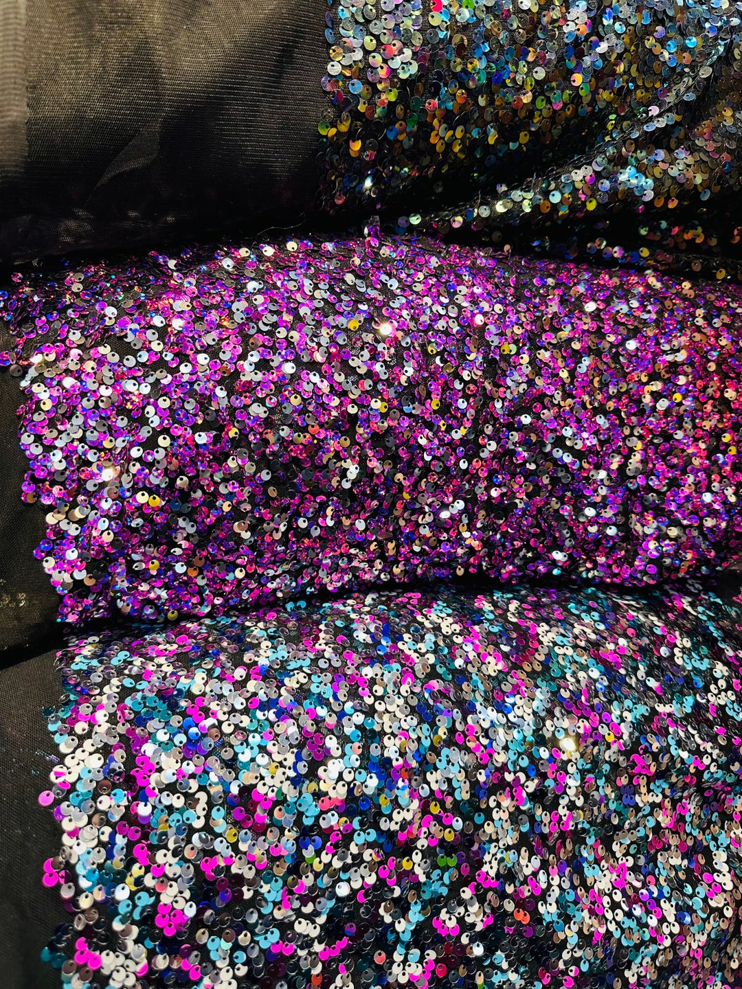 New Hologram Disco Sequins Embroidered on Stretch Mesh 4-way Stretch 50 ...