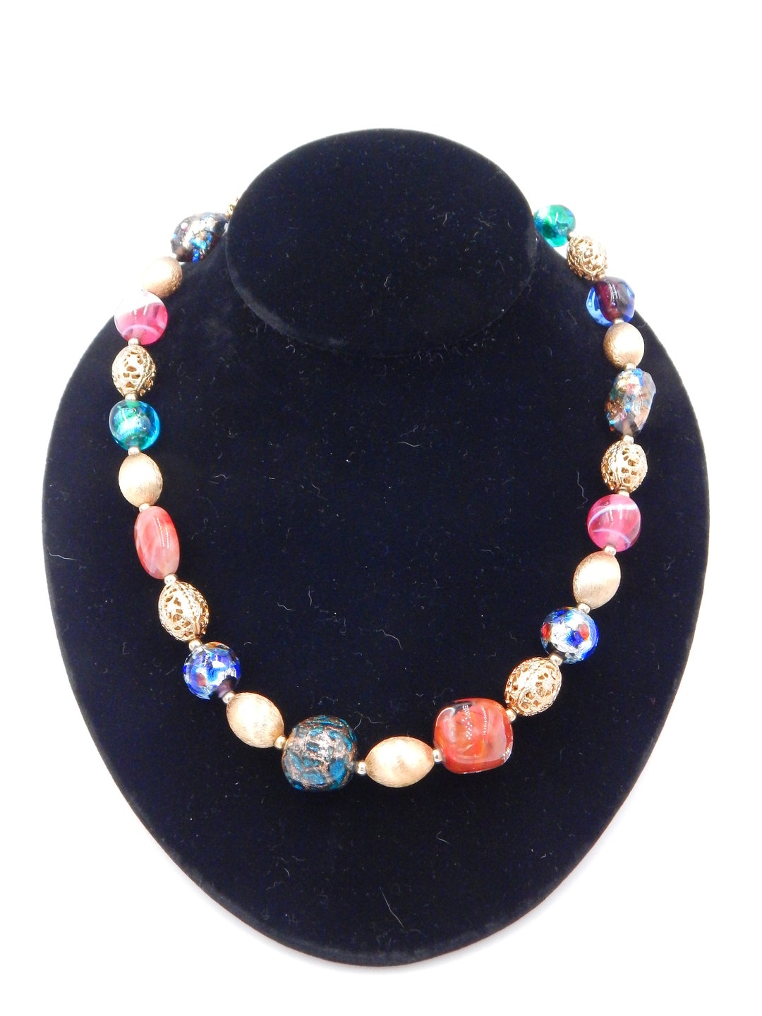 NAPIER Art Glass Gold Filigree Bead Necklace - Fab Artistic Piece - Etsy