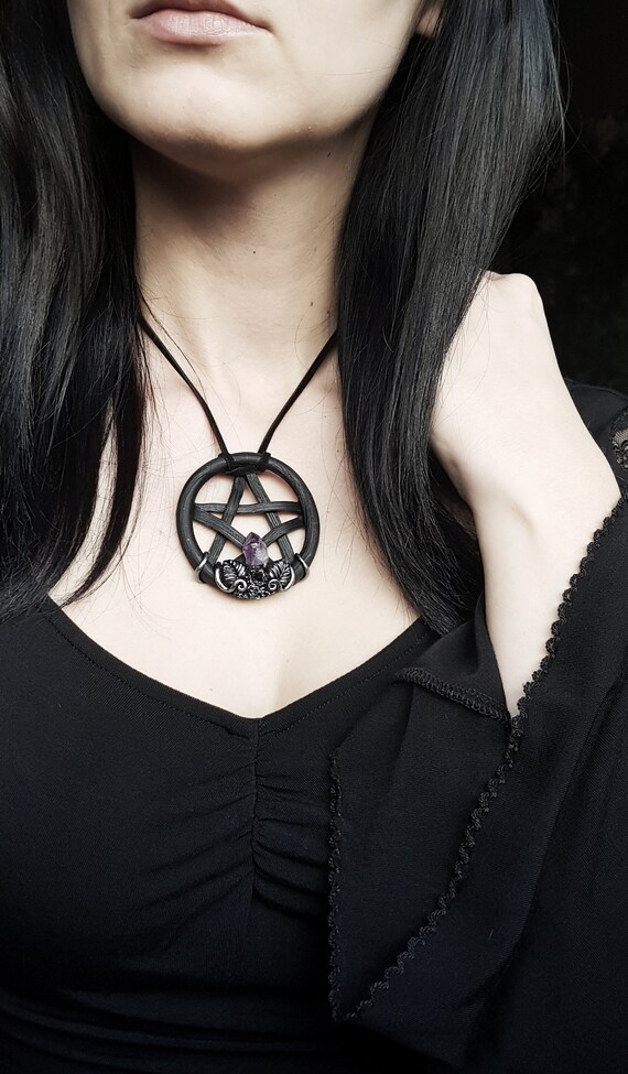 Round Pentagram Talisman With Raw Amethyst Fantasy Gothic - Etsy