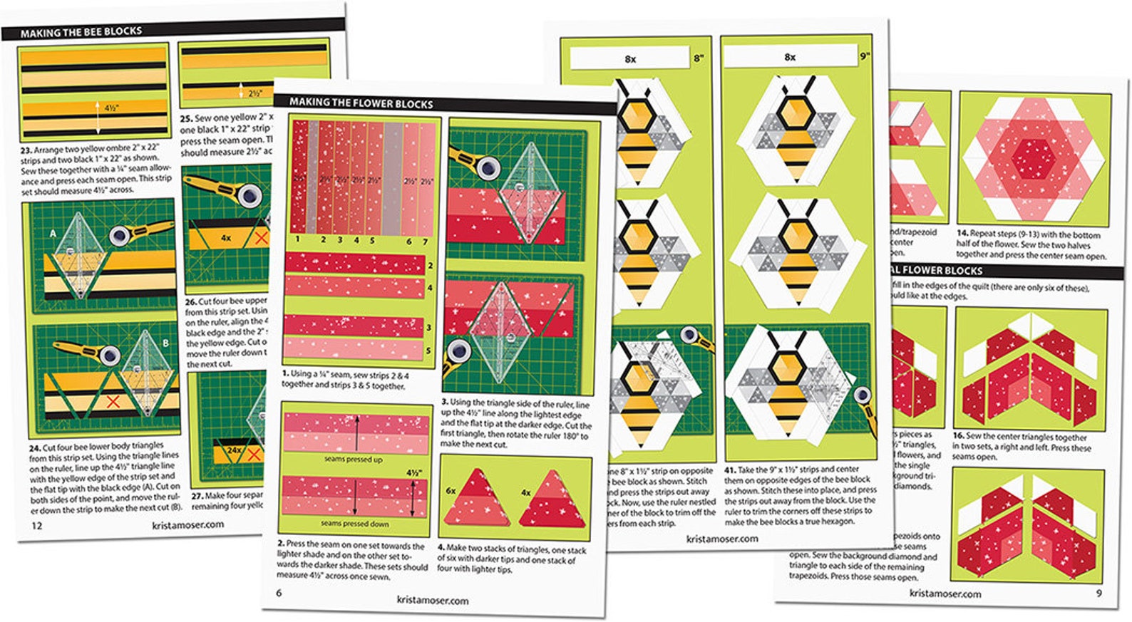 Bumblebee Blossoms, Krista Moser Patterns, Ombre Fabric, Modern Quilt Pattern, 60 Degree Diamond ...
