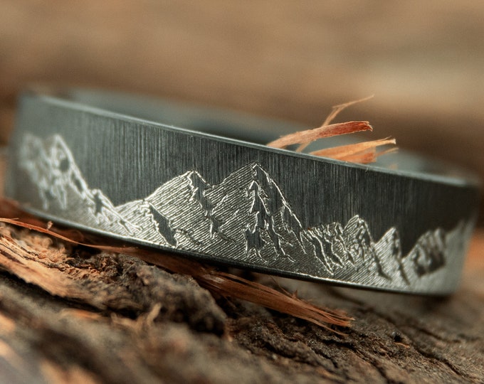 Textured Black Zirconium Mountain Range 6mm Ring, Crosshatch Textured ...