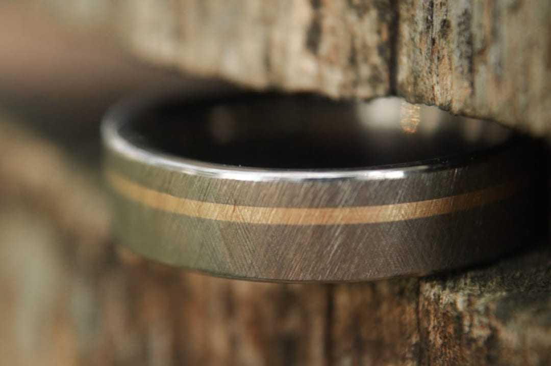 Crosshatch Titanium Band With 14k Yellow Gold Inlay - 6mm Mens Band ...