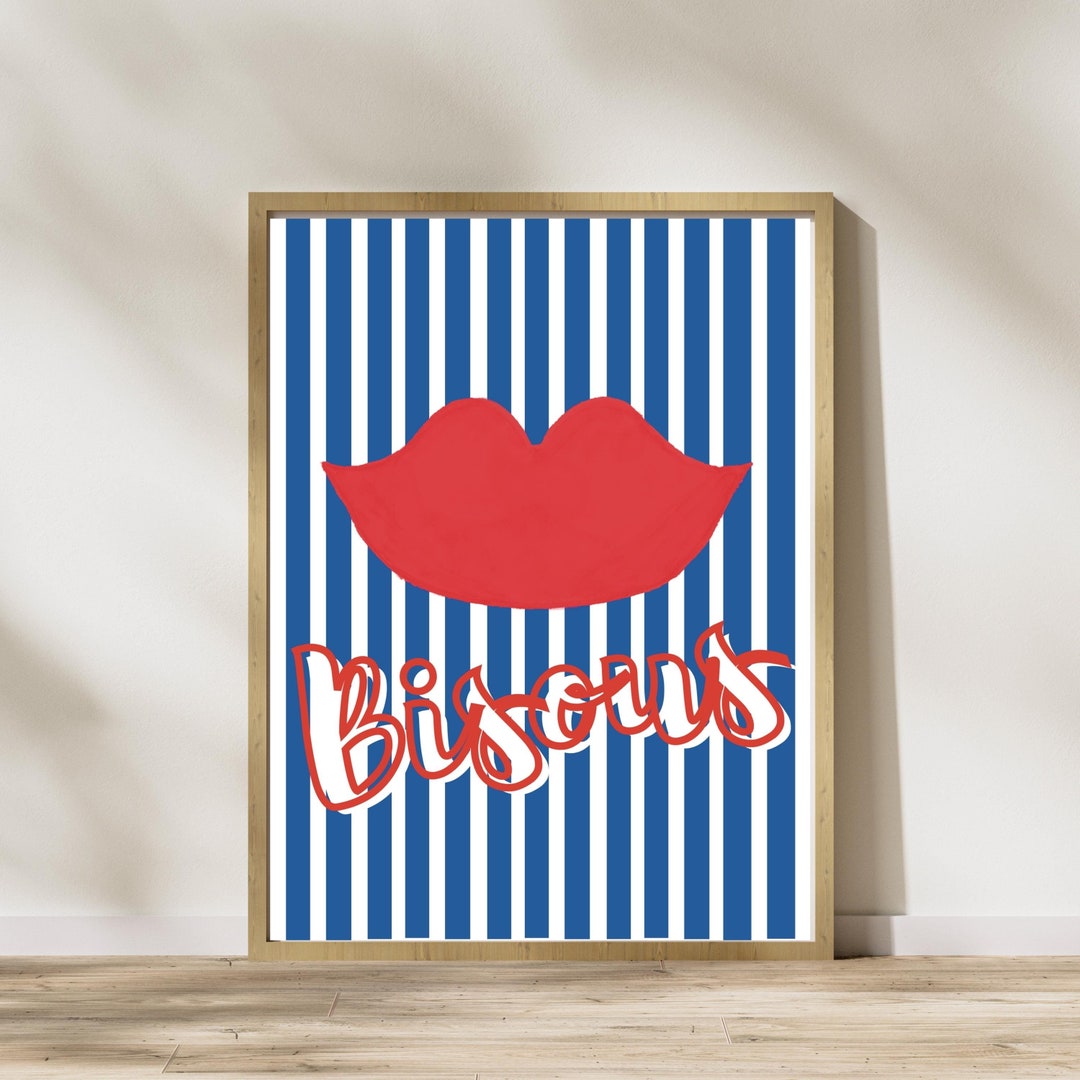 Bisous, French Kiss Print, Red Lips Blue Stripes Poster, Sailor Vibes French Kiss Poster, Modern ...