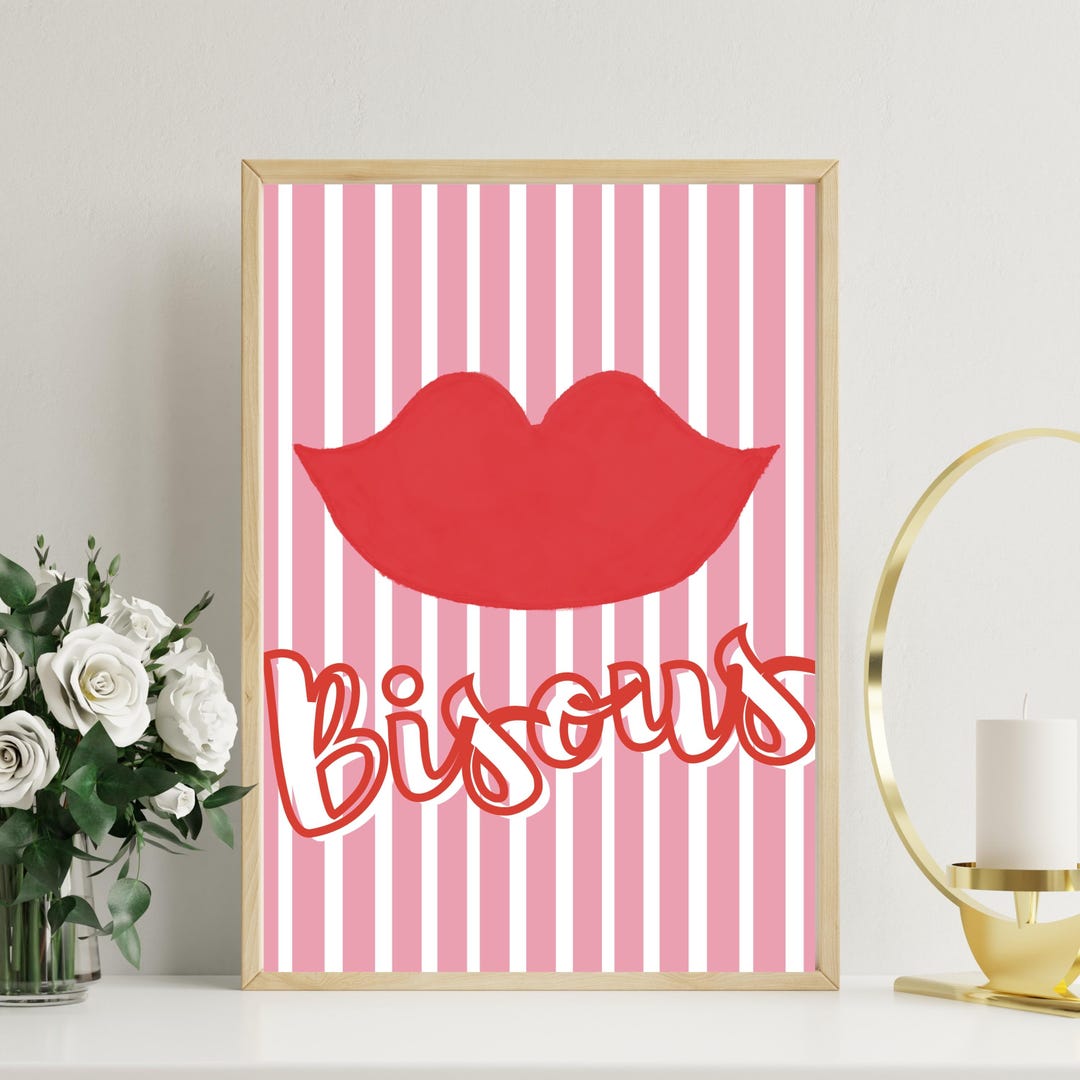 Pink Bisous, French Kiss Print, Red Lips Pink Stripes Digital Art ...